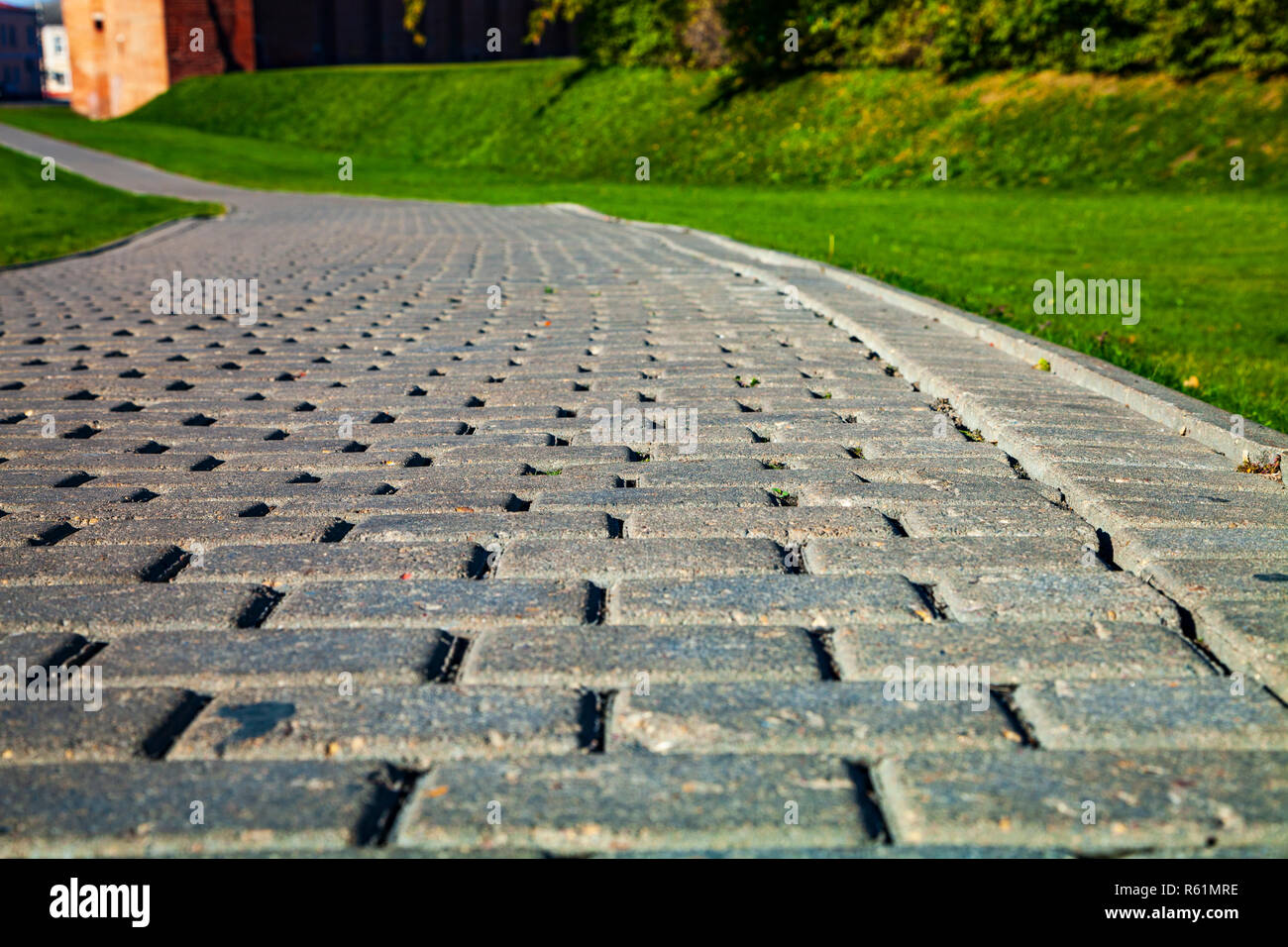 Stone path in the park and green lawn. Beautiful summer city park for ...