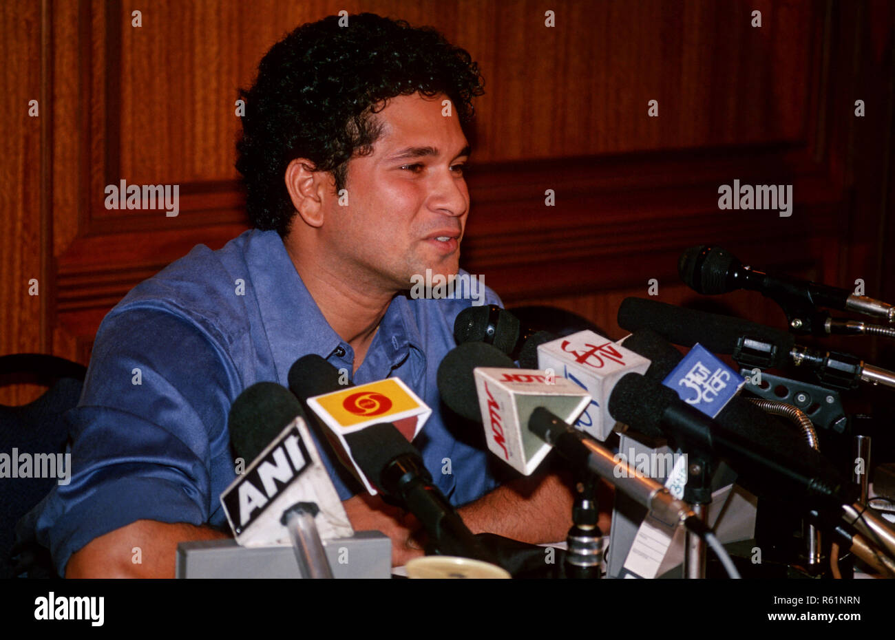 South Asian Indian cricket player Sachin Tendulkar doing press ...