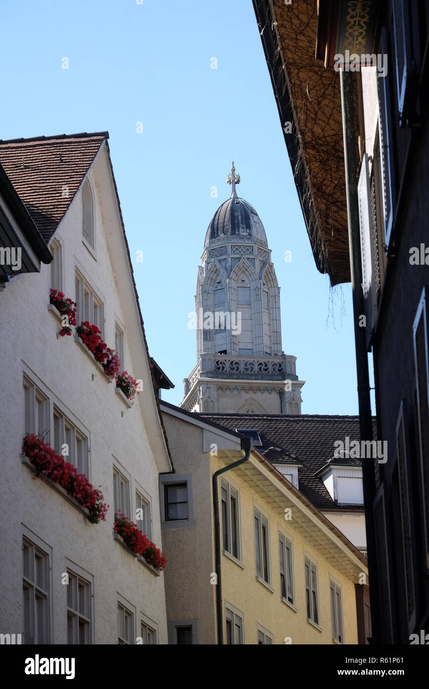 Tower of the Grossmunster Protestant church in Zurich, Switzerland ...