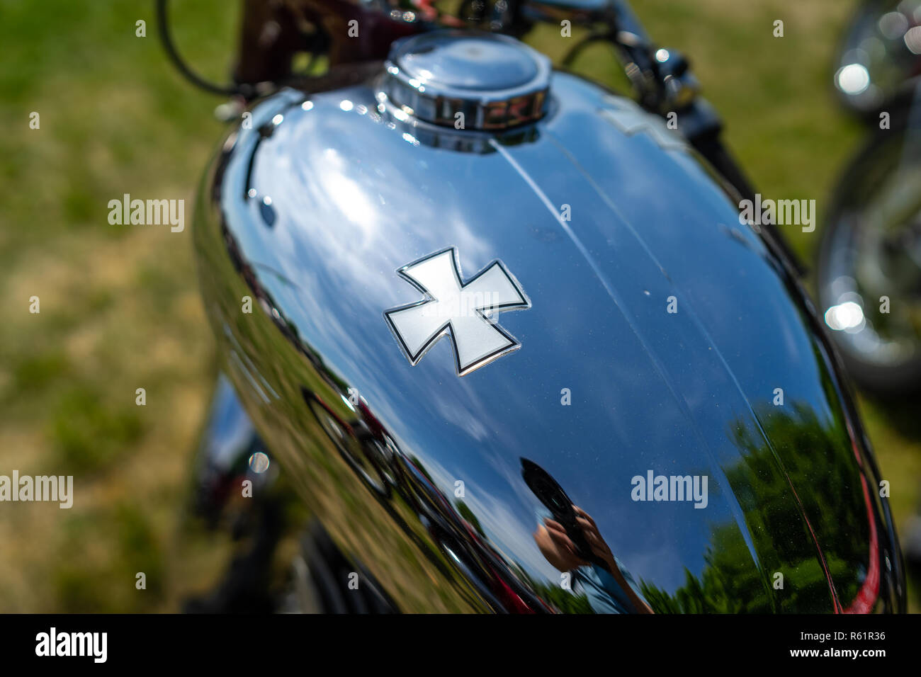 The image of the German Iron Cross on the fuel tank of a motorcycle ...