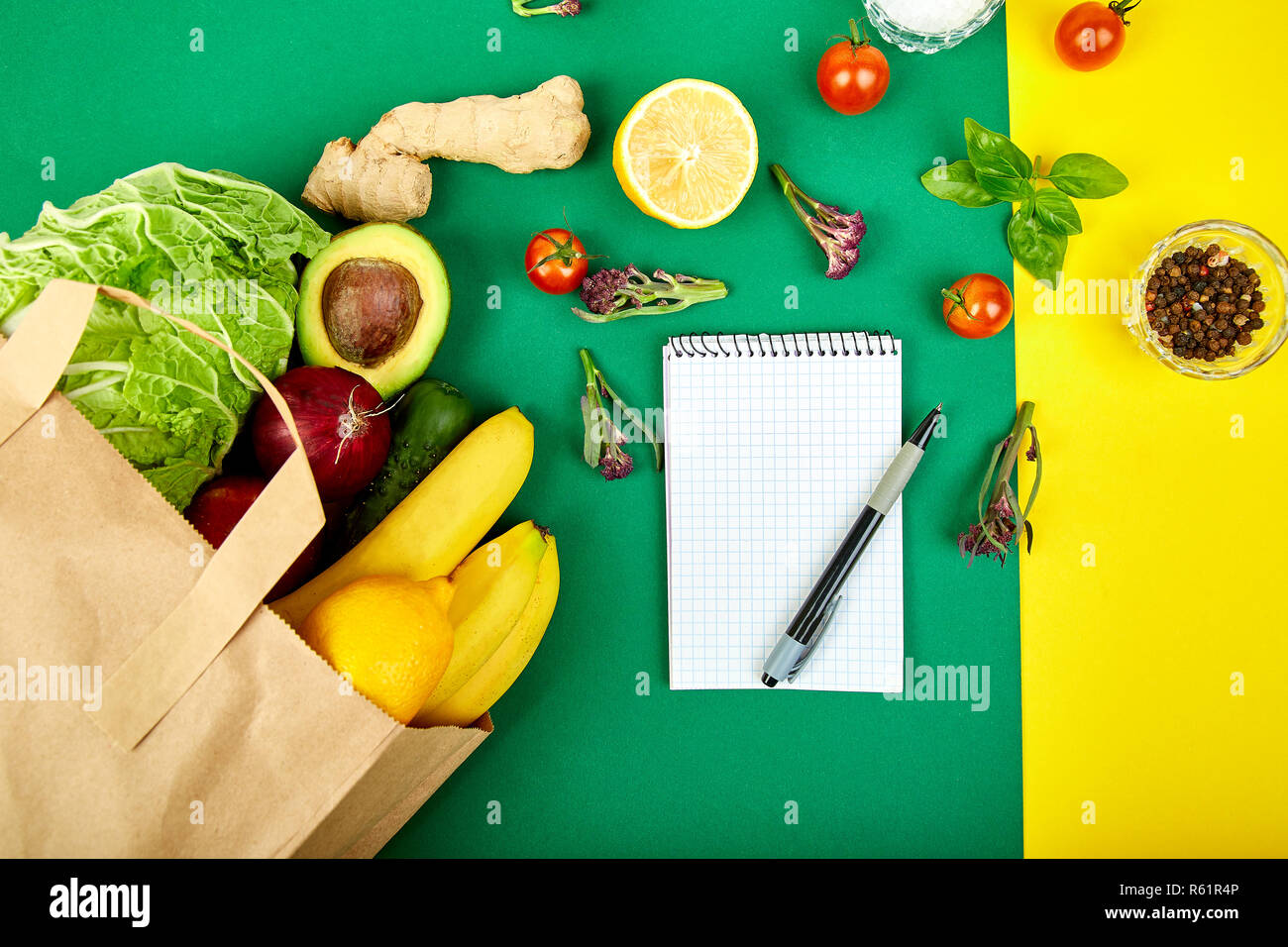 Shopping list, recipe book, diet plan. Grocering concept. Full paper ...