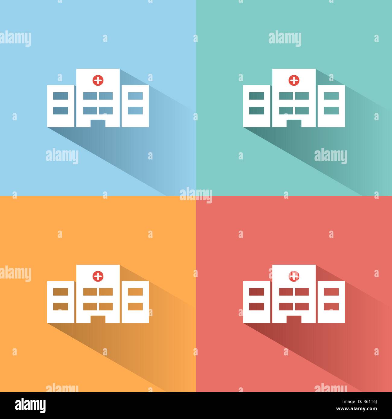 Hospital icon with shadow on colored backgrounds. Vector illustration ...