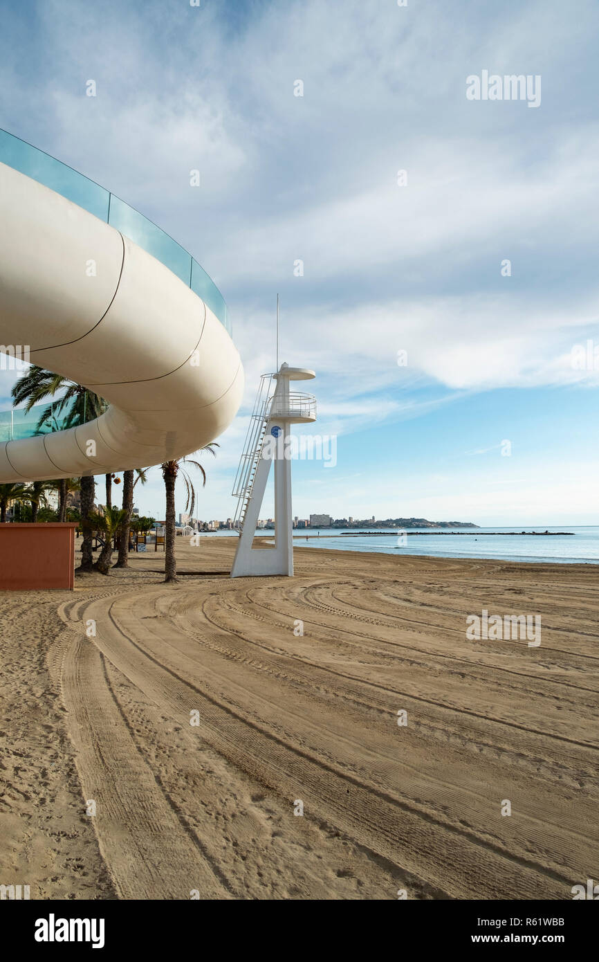 El Postiguet beach playa with modern pedestrian white bridge, Alicante ...