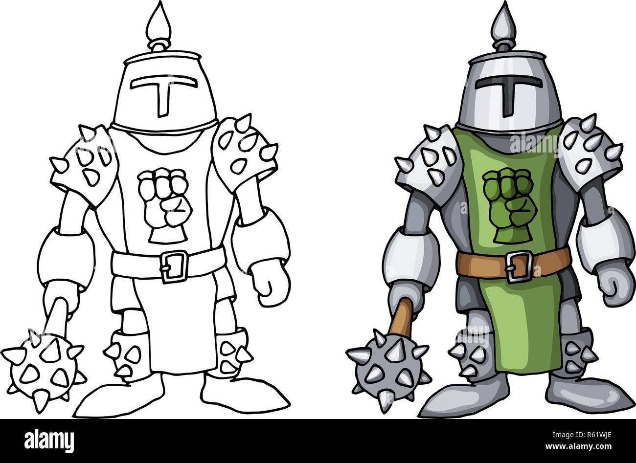 Cartoon medieval confident knight with mace, isolated on white ...