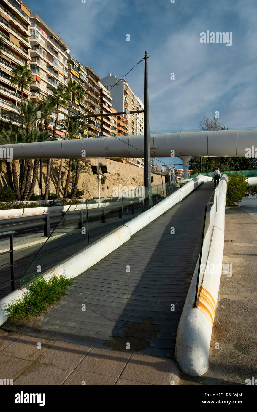 El Postiguet beach playa with modern pedestrian white bridge, Alicante ...