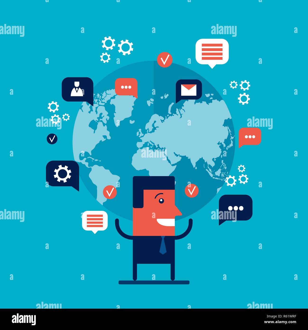 Happy businessman with business icons on globe background Vector ...