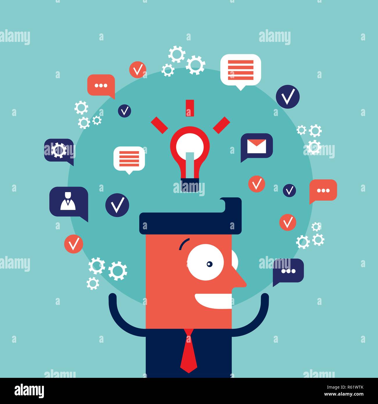 Happy excited businessman with bright idea and business icons Vector ...