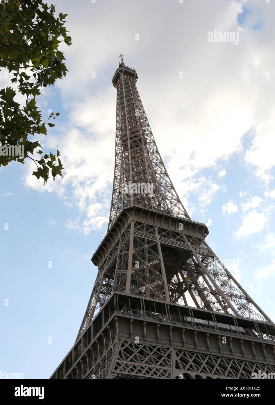 Paris France Eiffel Tower bottom view from Champ de Mars Stock Photo ...