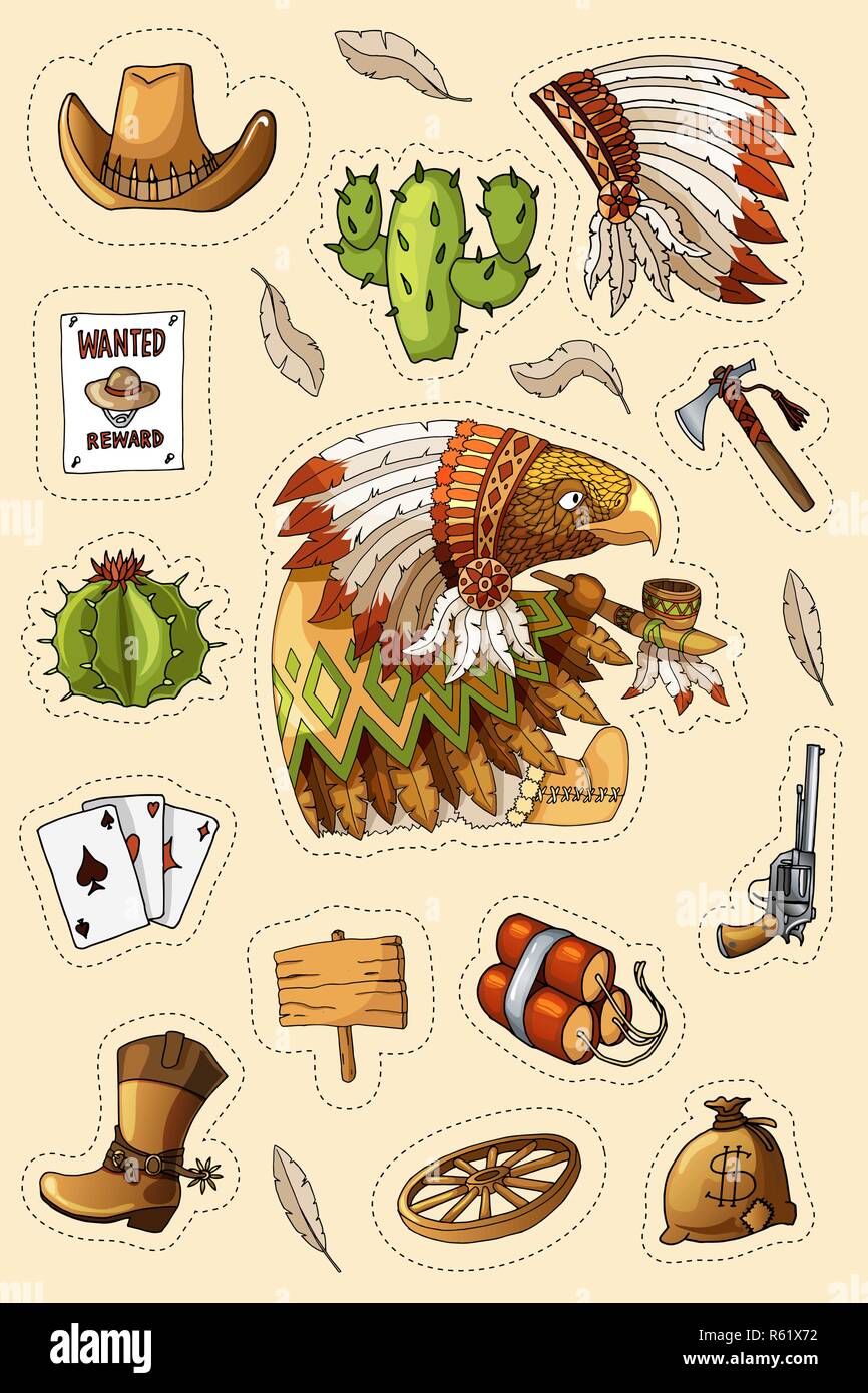 Western wild west art stickers set. Gun, bullets, cactuses and many ...