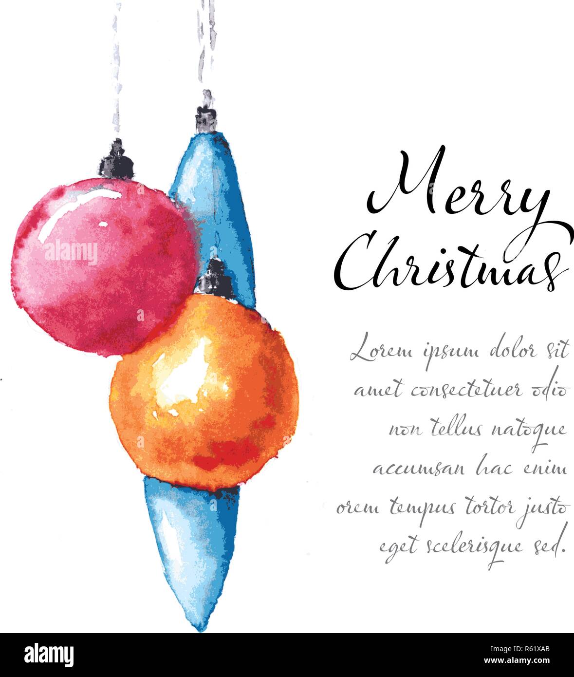 Watercolor Christmas card template with christmas decorations balls ...