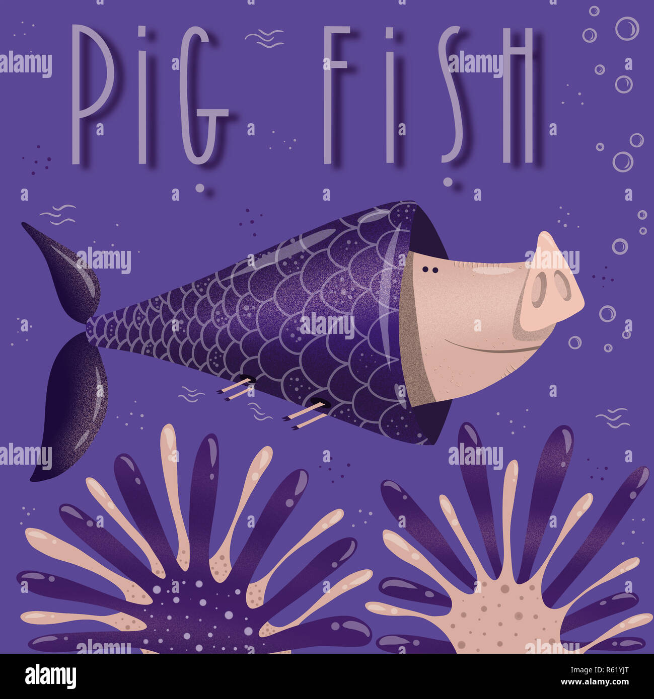 postcard where the pig in the scales of fish swims under water on the ...