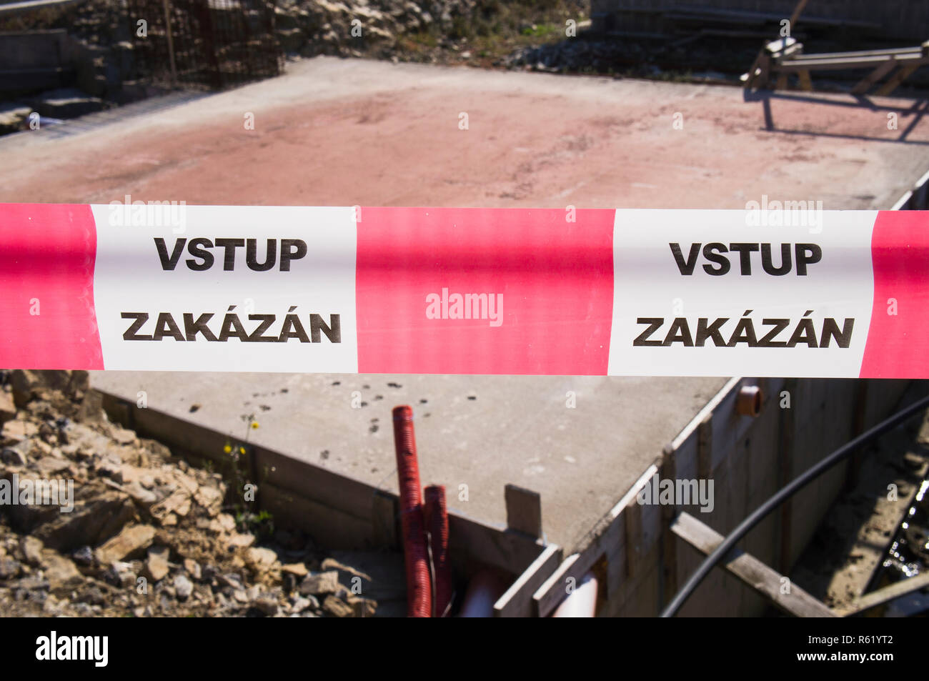 building, construction site, red and white NO ENTRY belt, ribbon ...