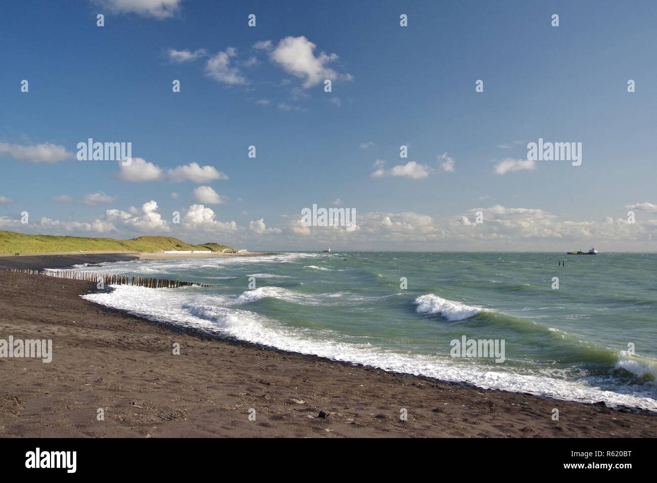 dyke,dunes,beach and north sea with seagoing vessels at westkapelle ...