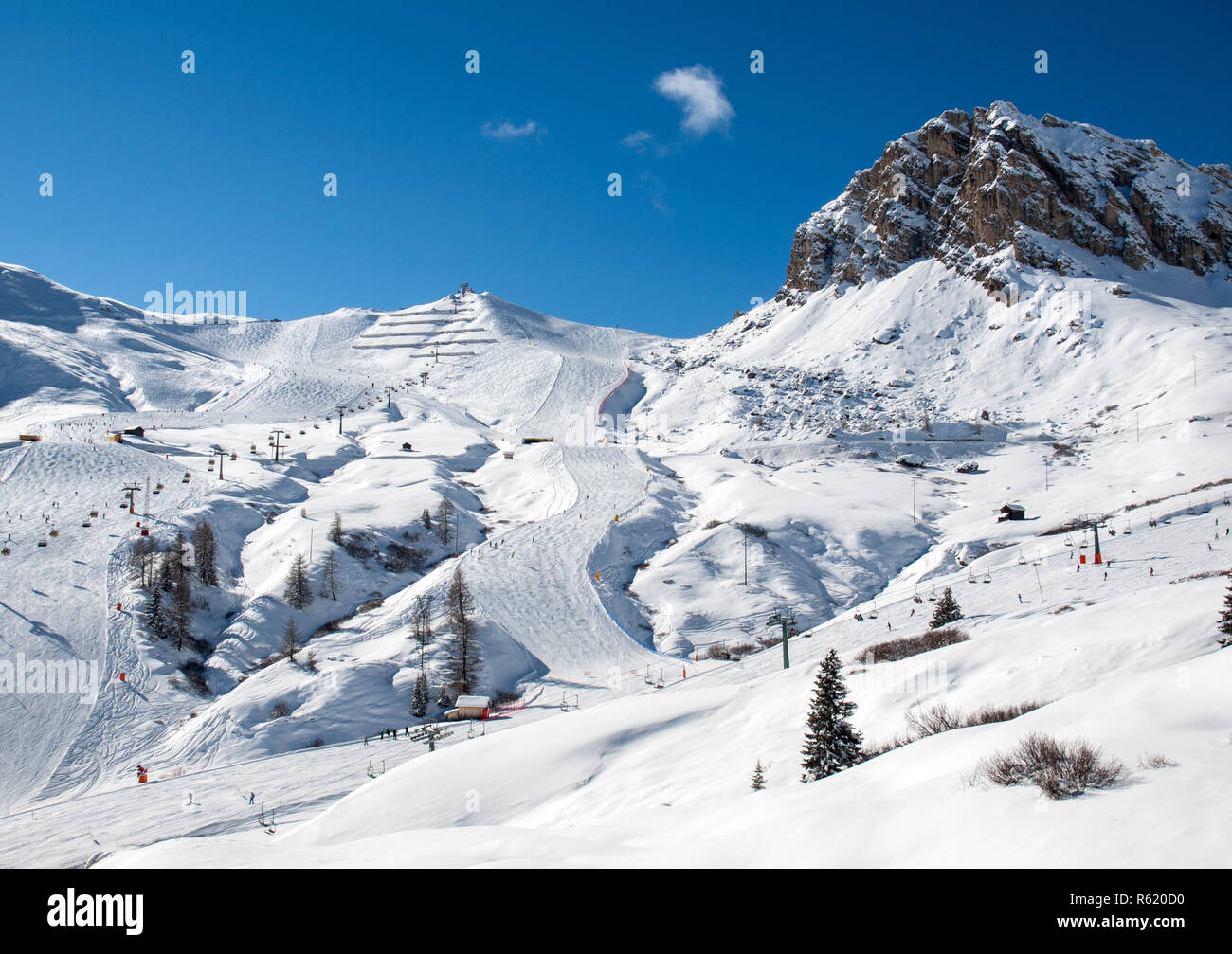 Skiing area in the Dolomites Alps. Overlooking the Sella group in Val ...