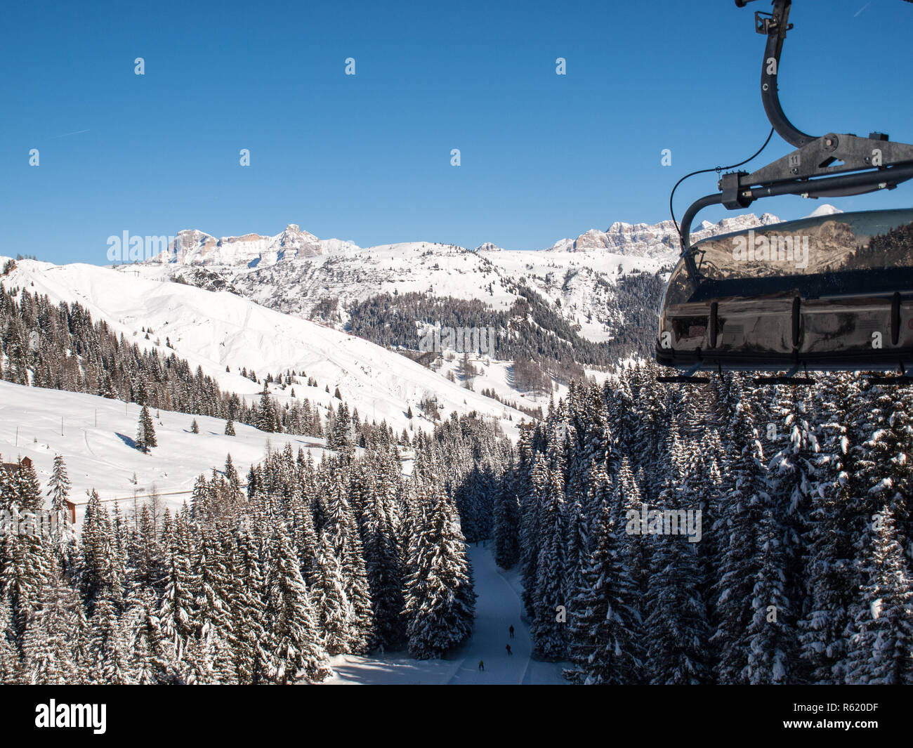 Skiing area in the Dolomites Alps. Overlooking the Sella group in Val ...