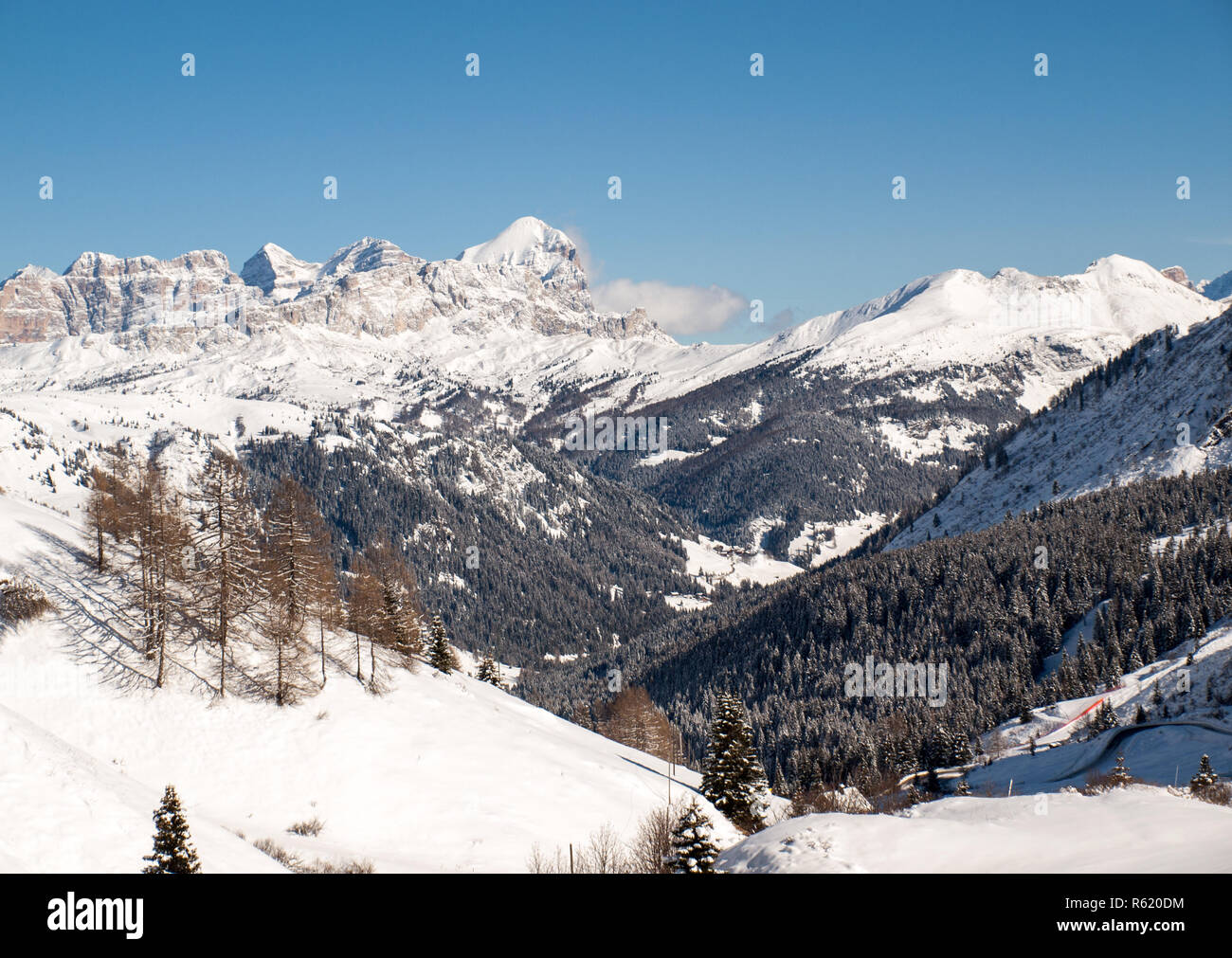 Skiing area in the Dolomites Alps. Overlooking the Sella group in Val ...
