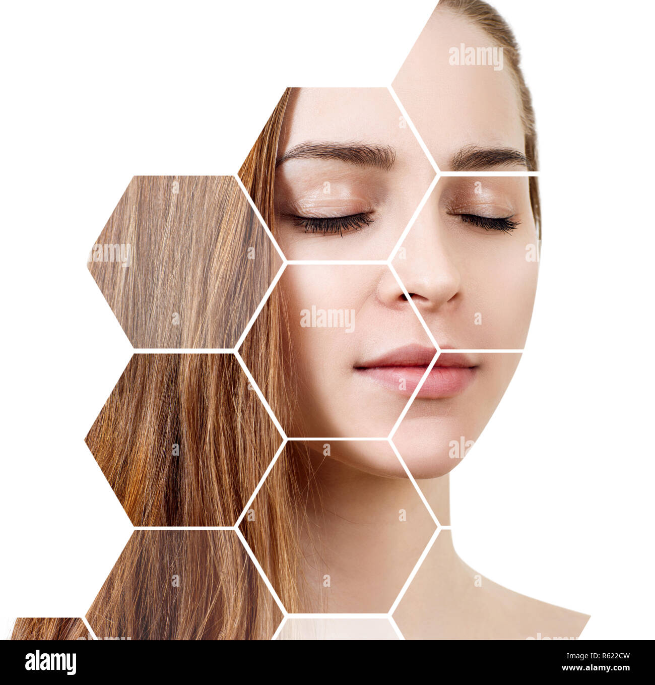 Beautiful female face in honeycombs Stock Photo - Alamy