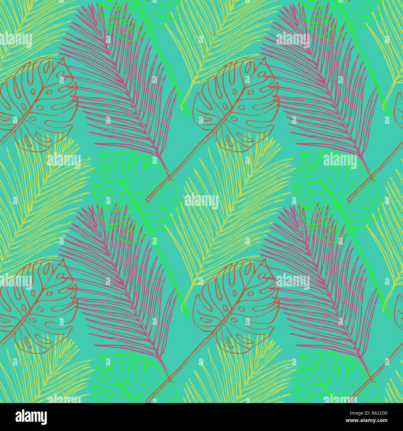 Areca Palm and Split Philodendrom colorful leaves, seamless pattern ...