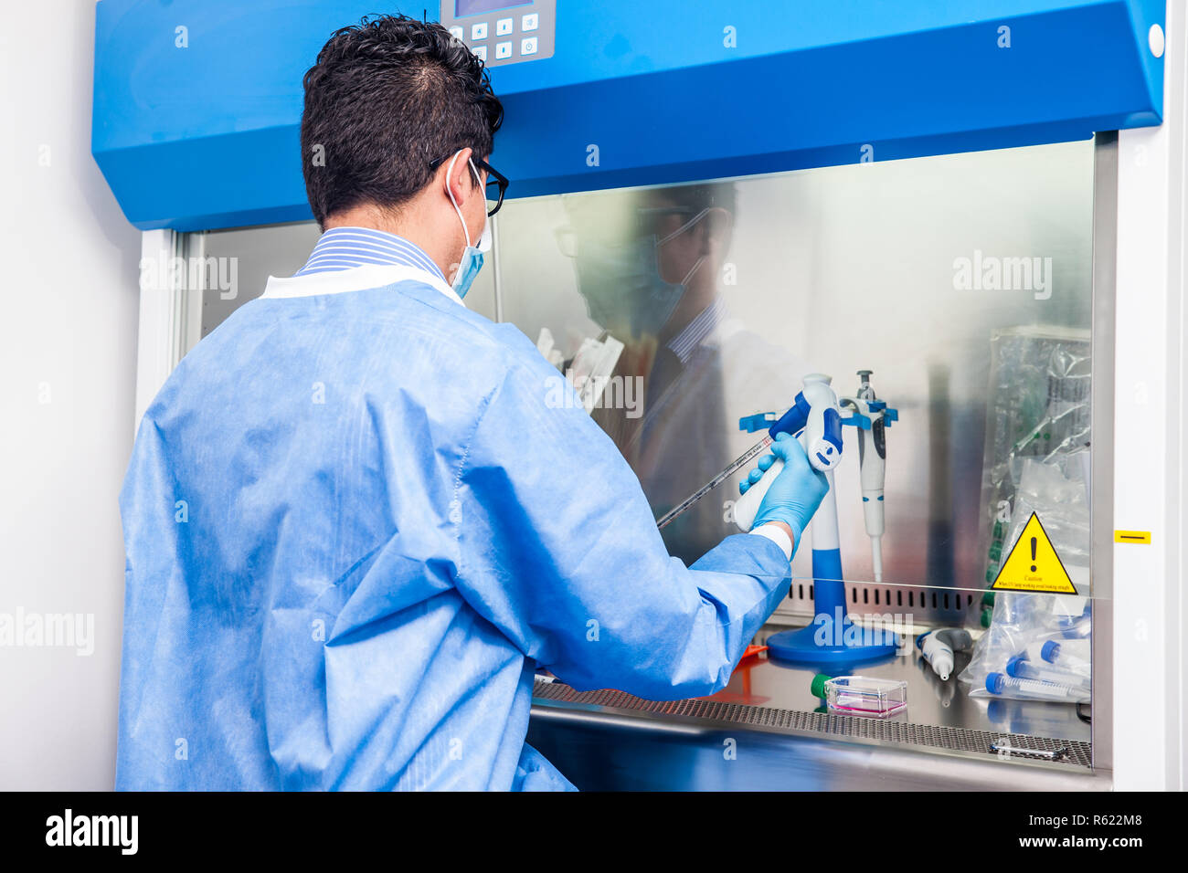 Young scientist working in a safety laminar air flow cabinet at ...