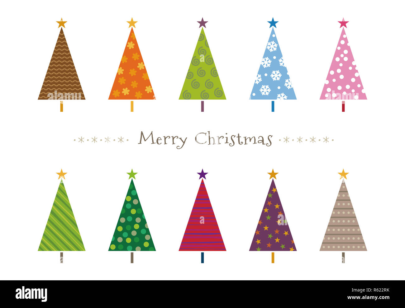 Colorful patterned Christmas trees greeting card illustration Stock ...