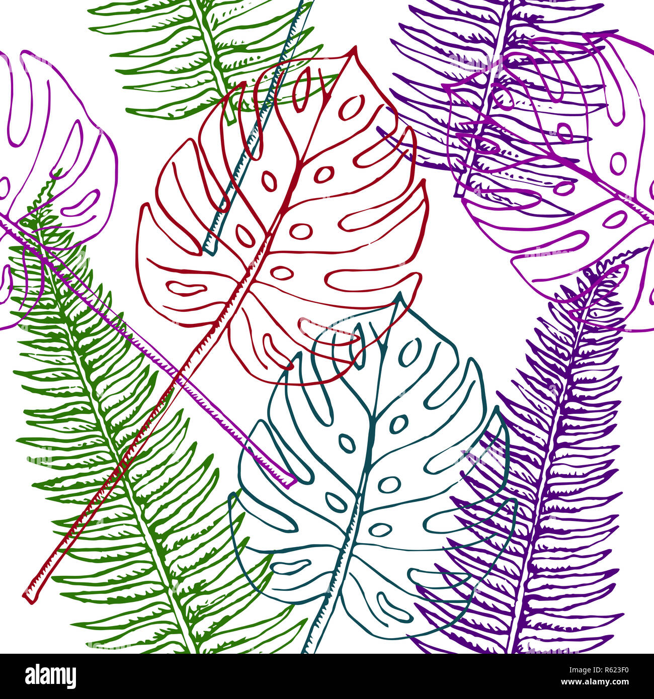 Fern Frond and Split Philodendrom colorful leaves, seamless pattern ...
