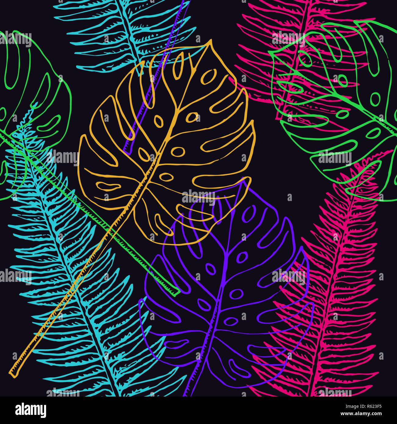 Fern Frond and Split Philodendrom colorful leaves, seamless pattern ...