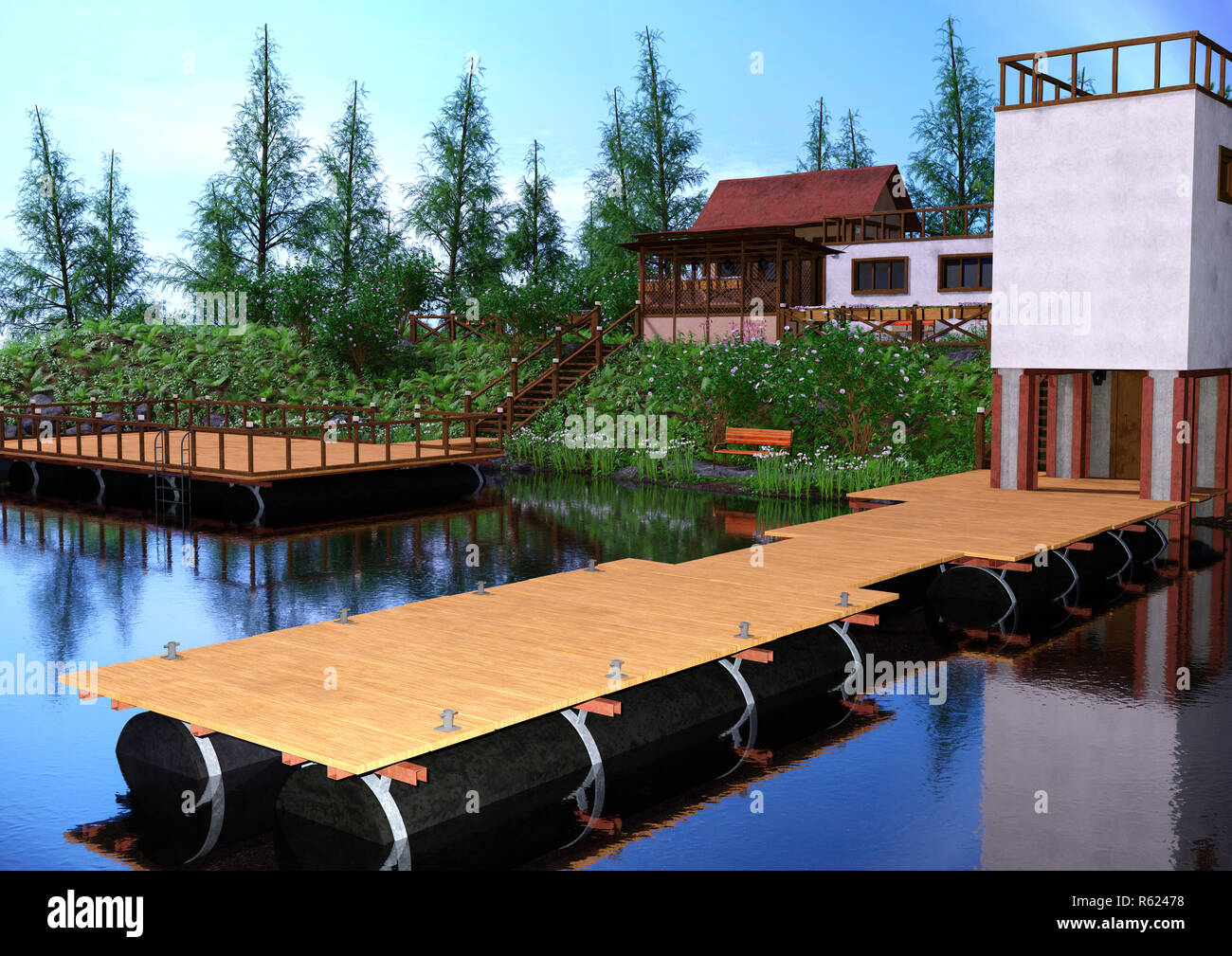 3D Rendering Lake House Stock Photo - Alamy