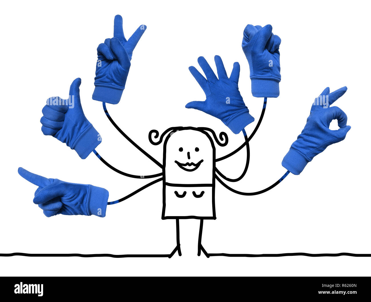 Cartoon Woman with Multi Blue Hands Signs Stock Photo - Alamy