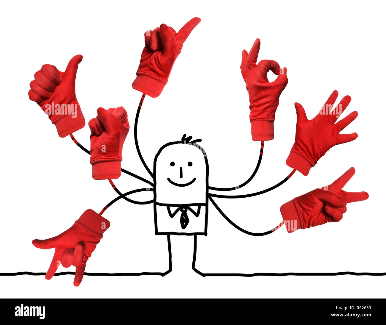 Cartoon Businessman with Multi Red Hands Signs Stock Photo - Alamy