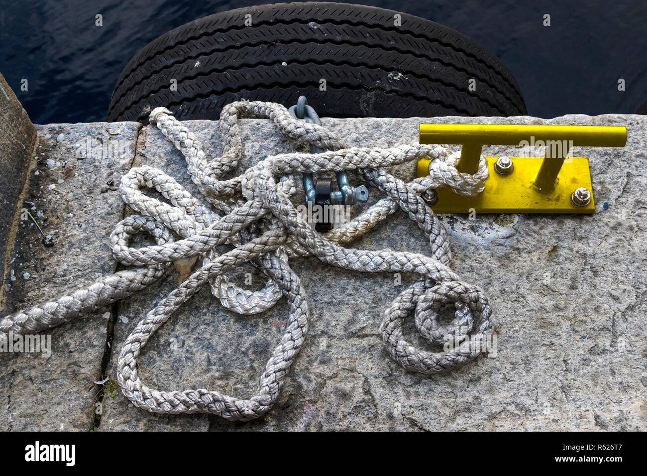A ship's mooring line on the quay in the port of Bergen, Norway Stock ...