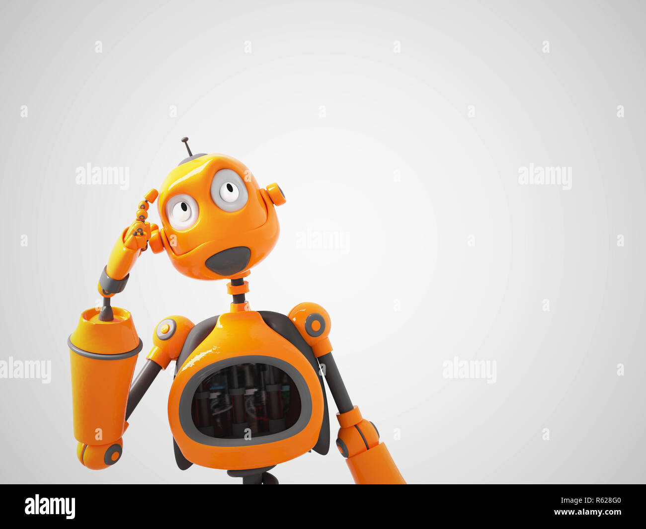 Yellow cartoon robot thinking about something Stock Photo - Alamy