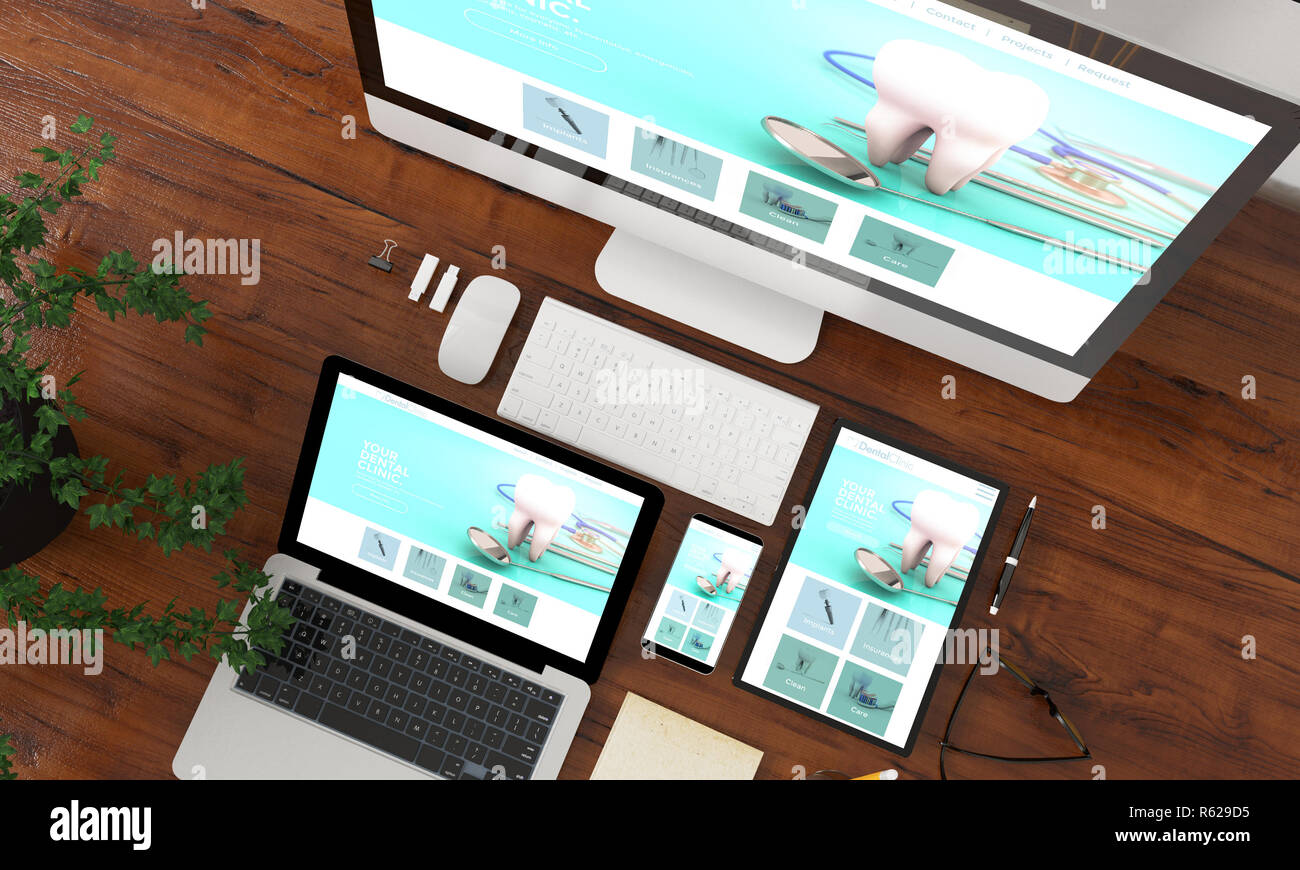 devices top view collection 3d rendering with dental clinic website on ...