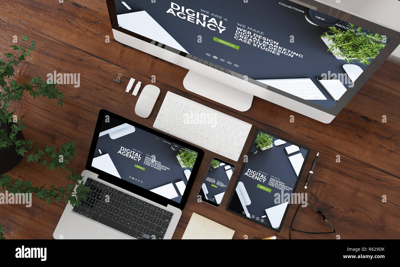 devices top view collection 3d rendering with digital agency website on ...