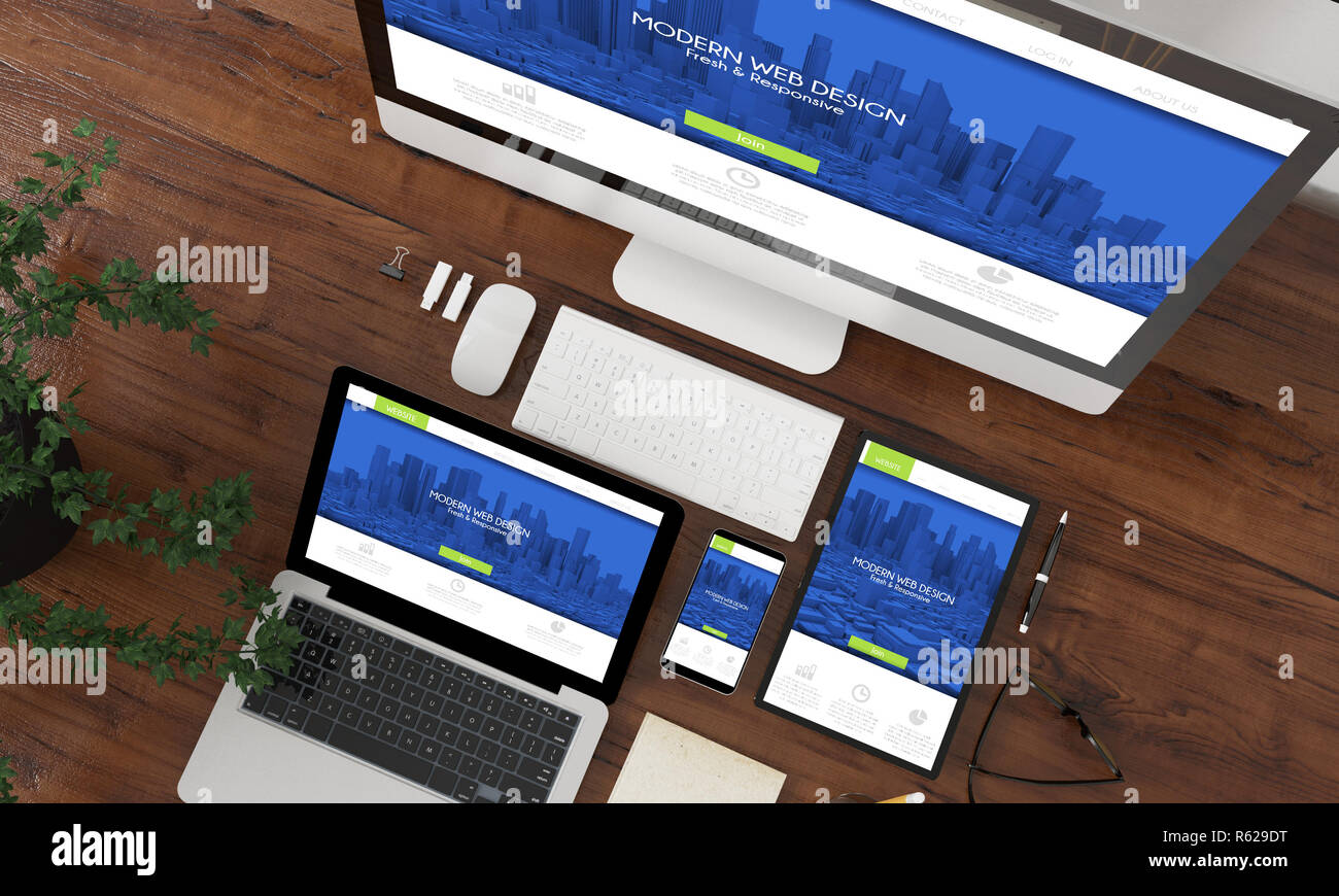 devices top view collection 3d rendering with fresh and modern website ...