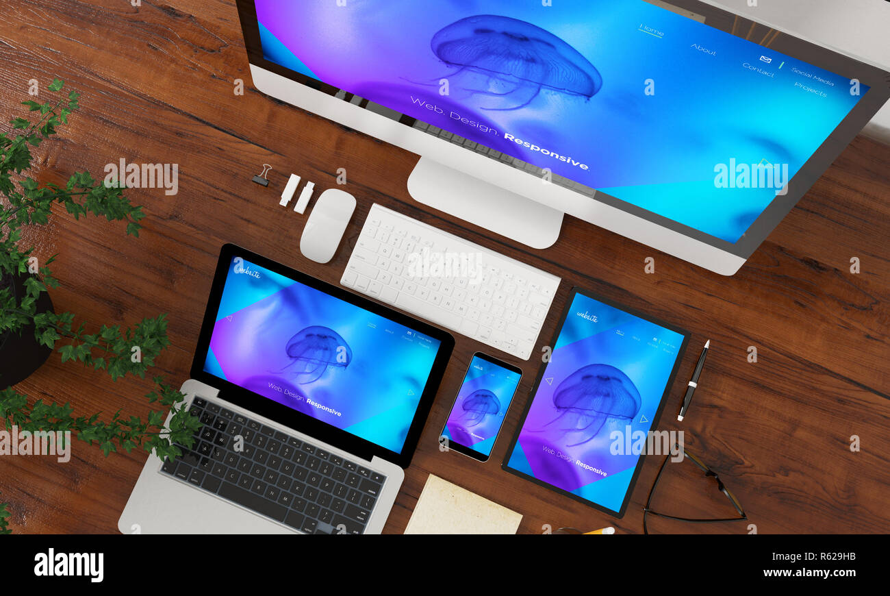 devices top view collection 3d rendering with website design on screen ...