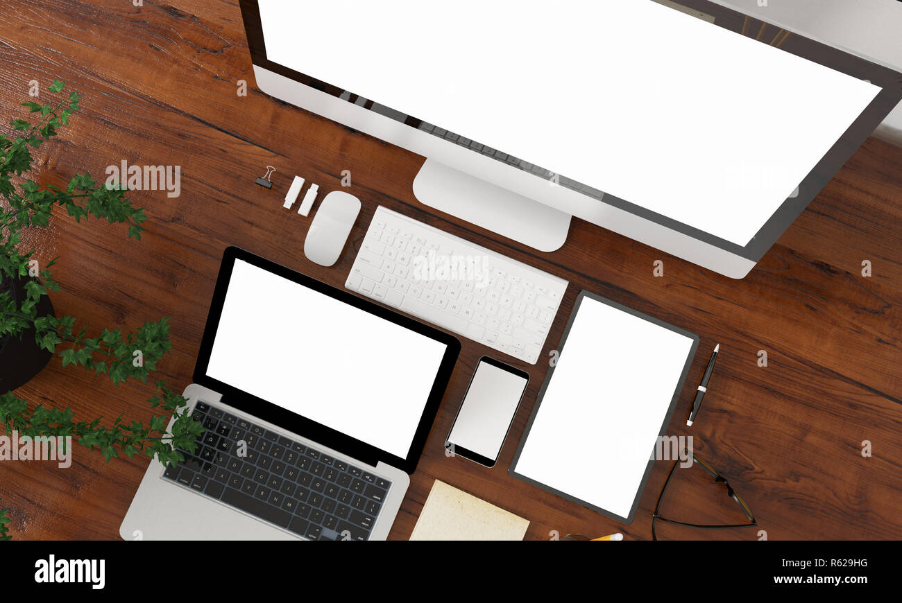 devices top view collection 3d rendering mockup Stock Photo - Alamy