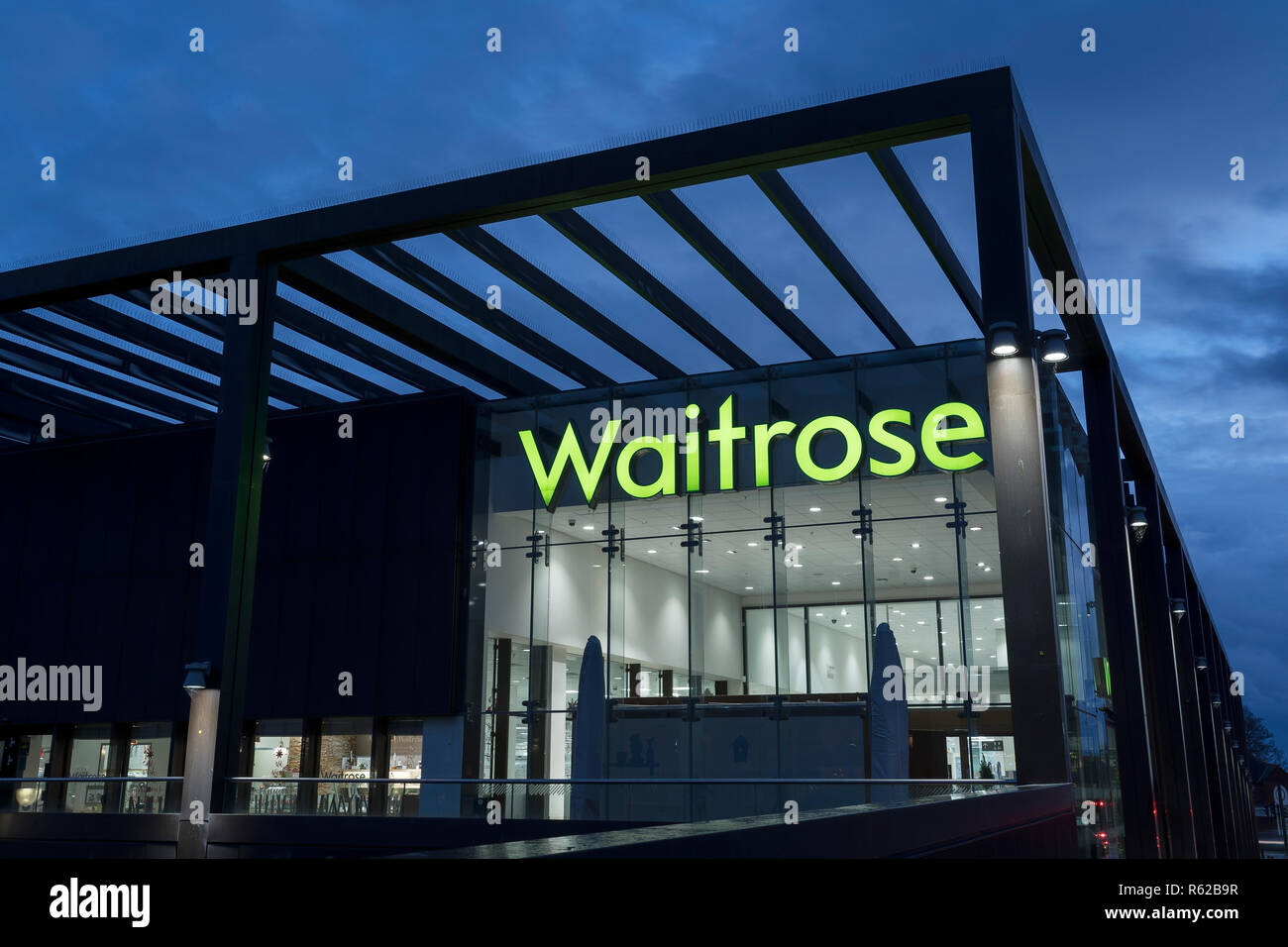 A dusk exterior detail of the Waitrose store in Chester UK Stock Photo ...
