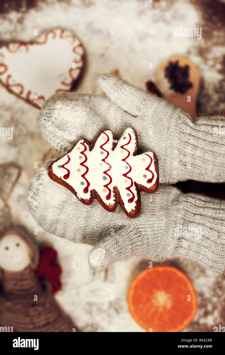 Child hands in gloves holding gingerbread cookie Stock Photo - Alamy