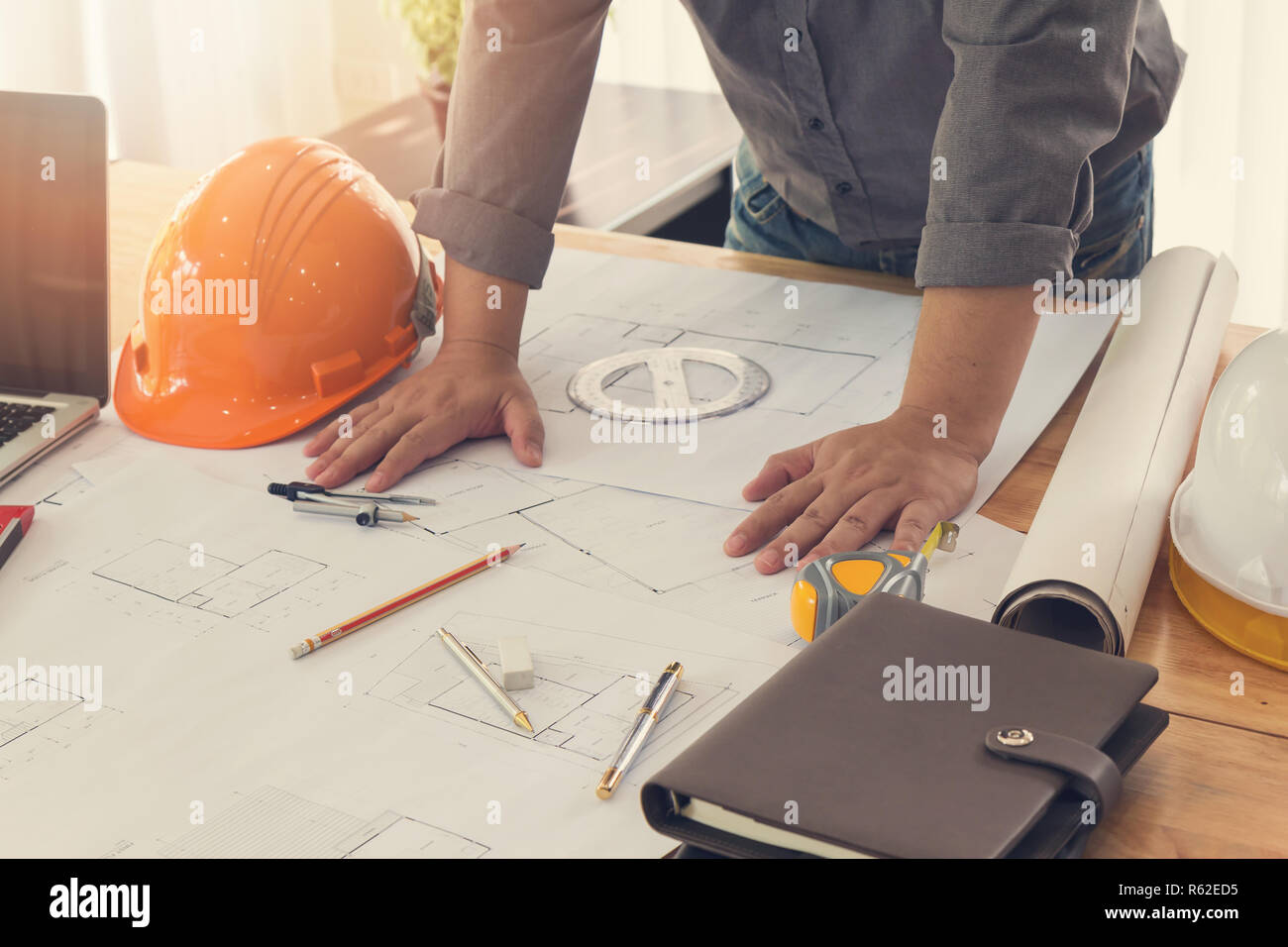 Engineer and Architect concept, Engineer Architects office team working ...