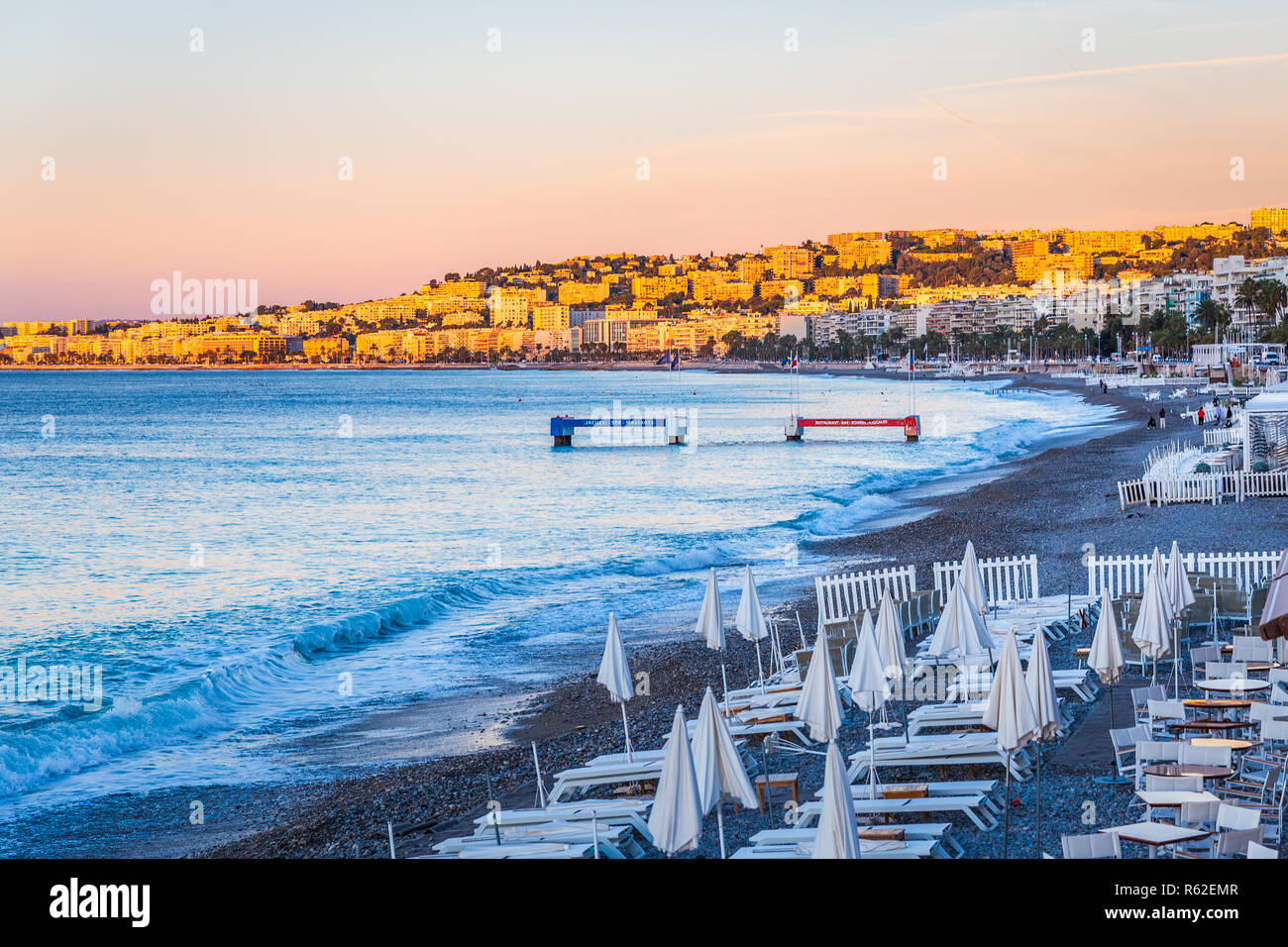 Curve view on blue sea beach of mediterranean sea of Nice, France at ...