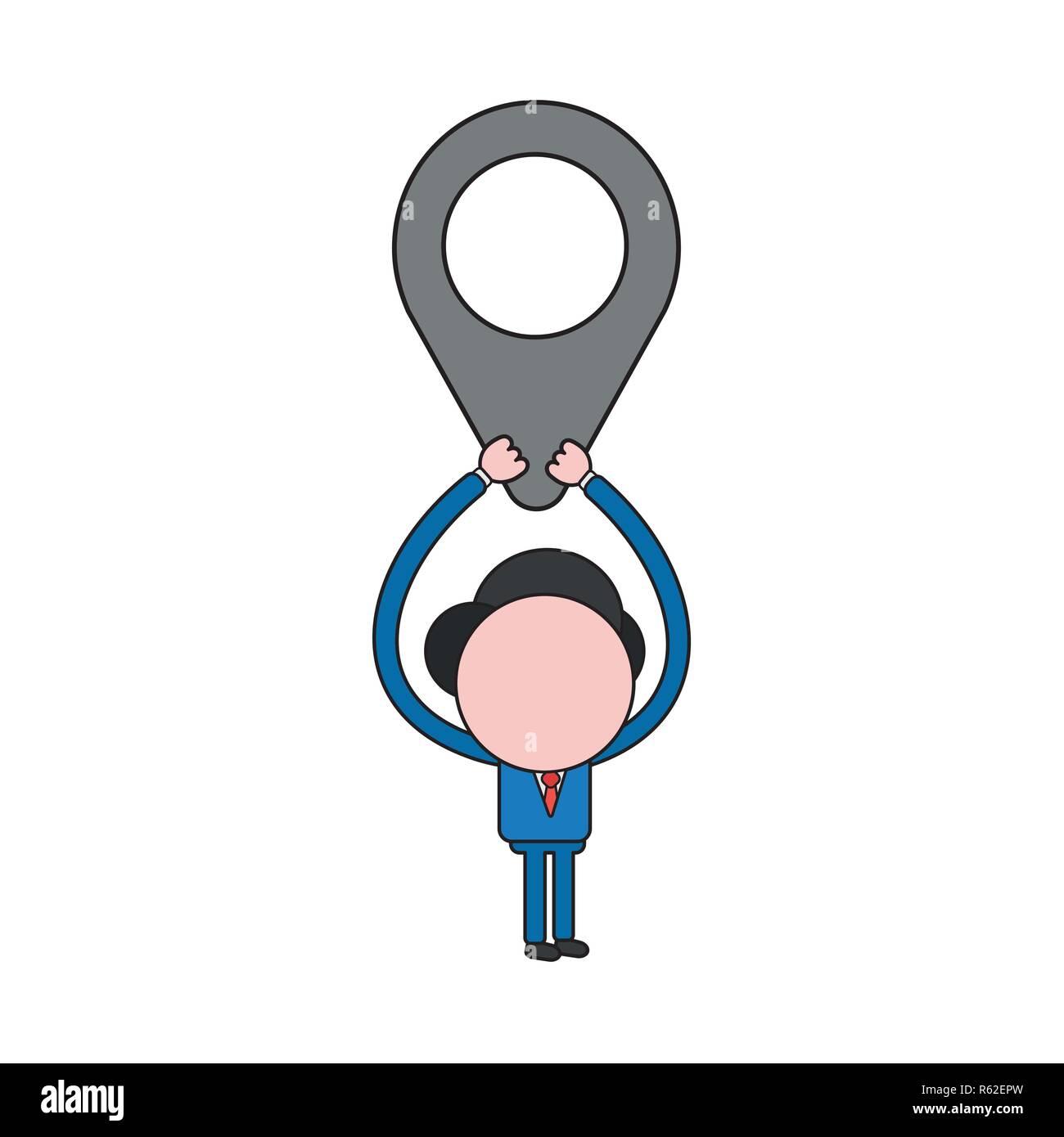 Vector illustration concept of businessman character holding up map pointer. Color and black ...
