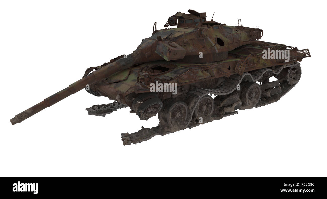 damaged rusty battle tank on an isolated white background. 3d ...