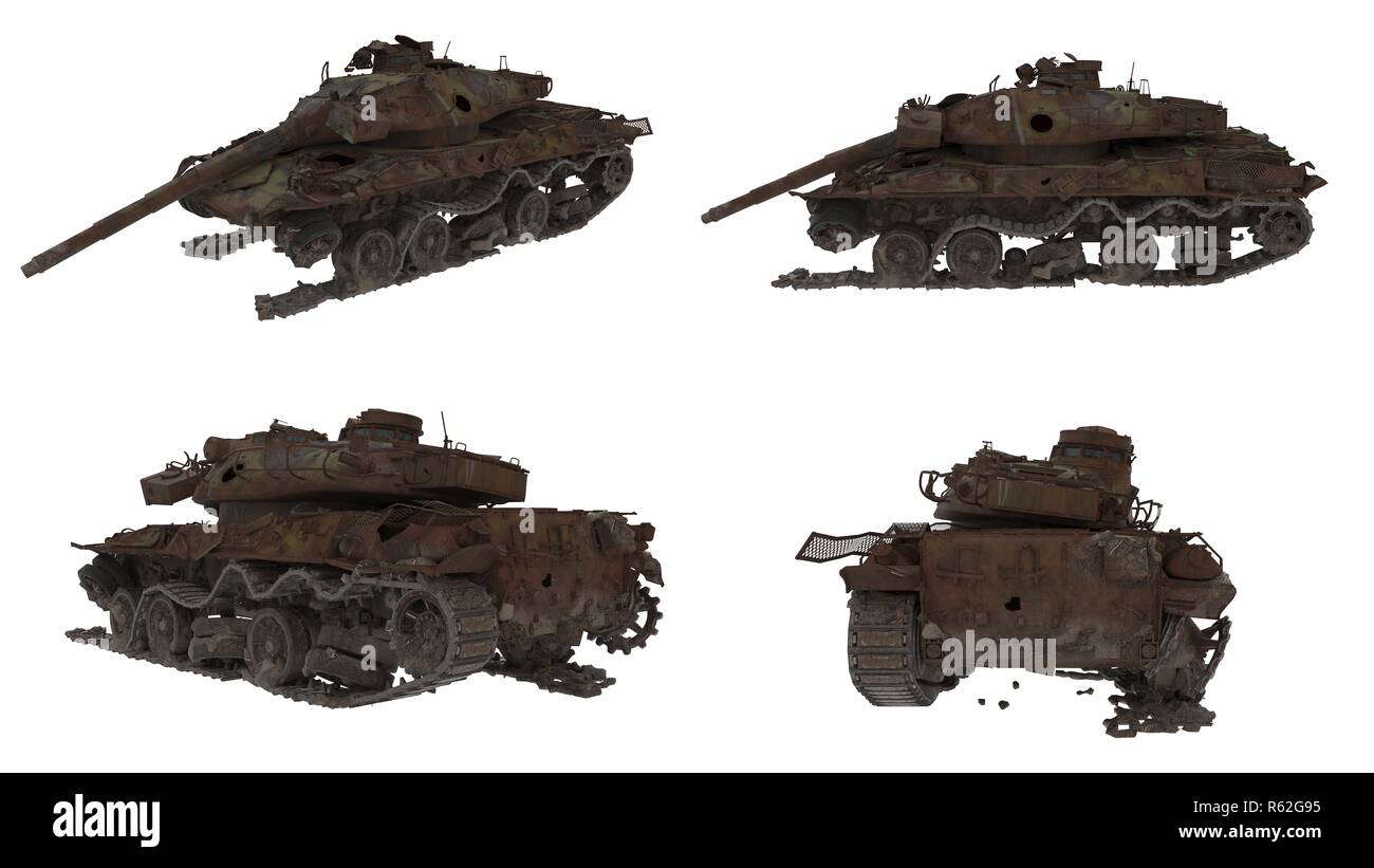 damaged rusty battle tank on an isolated white background. 3d ...