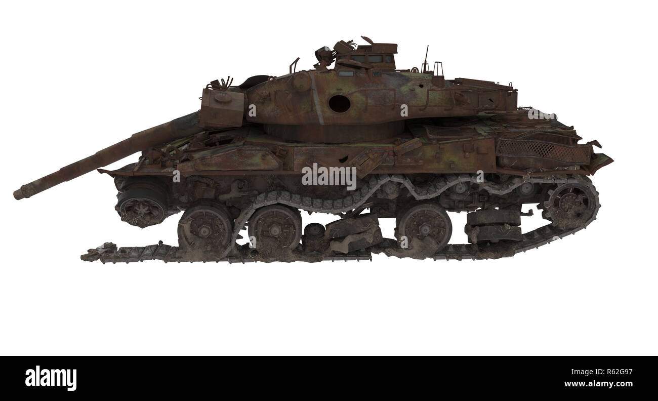 damaged rusty battle tank on an isolated white background. 3d ...