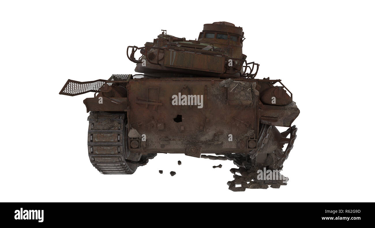 damaged rusty battle tank on an isolated white background. 3d ...