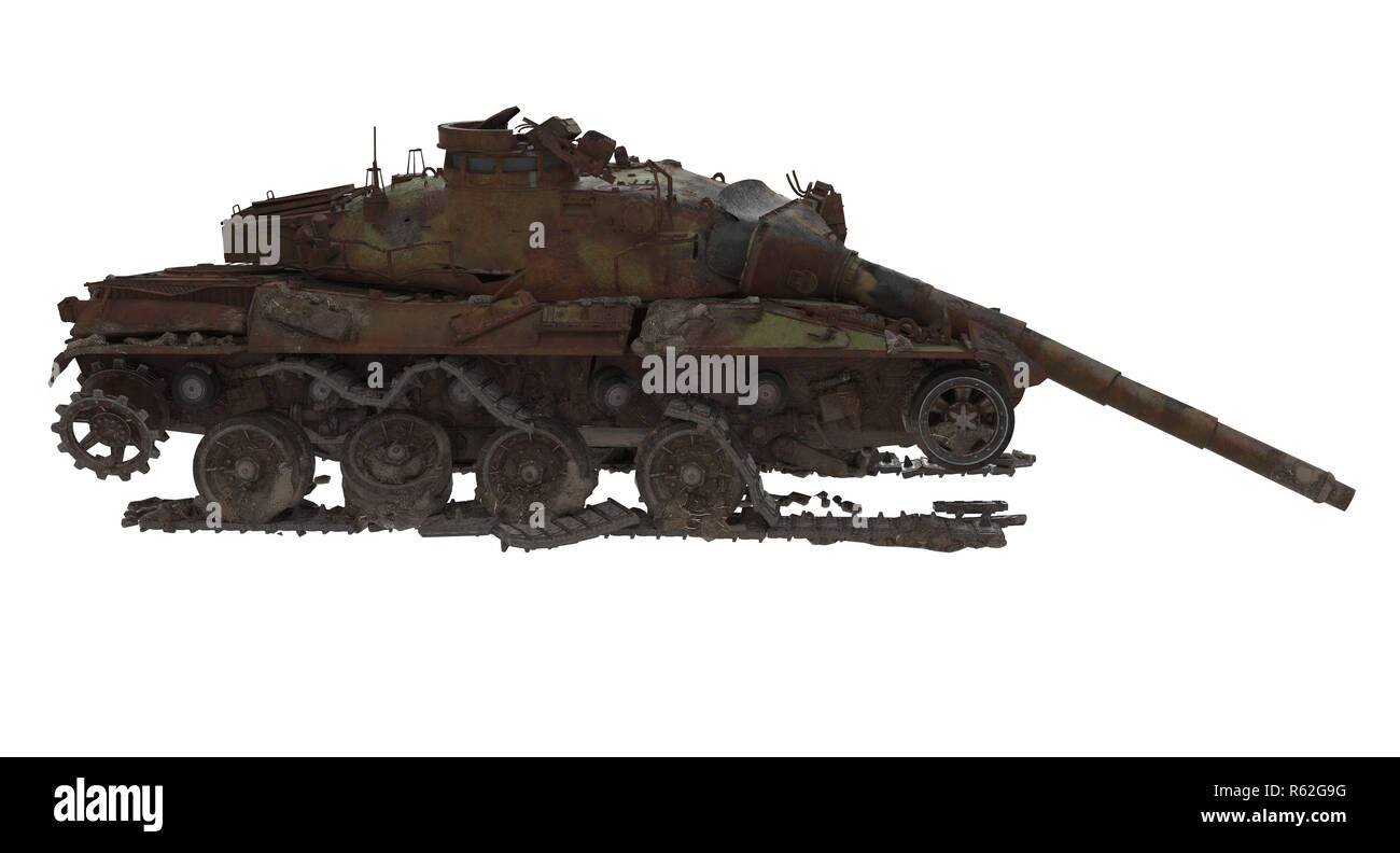damaged rusty battle tank on an isolated white background. 3d ...