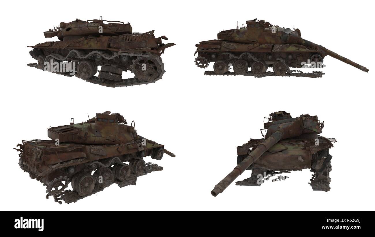damaged rusty battle tank on an isolated white background. 3d ...