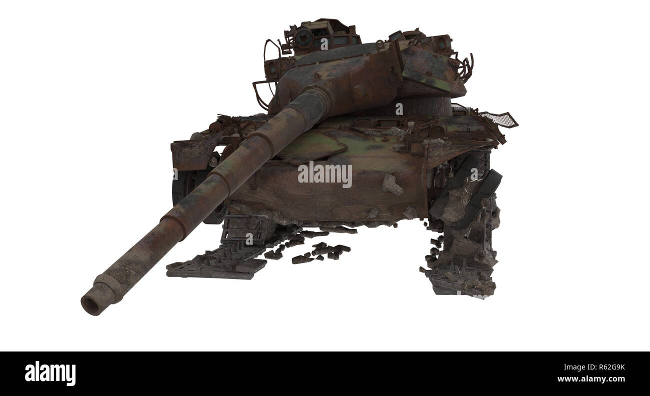 damaged rusty battle tank on an isolated white background. 3d ...
