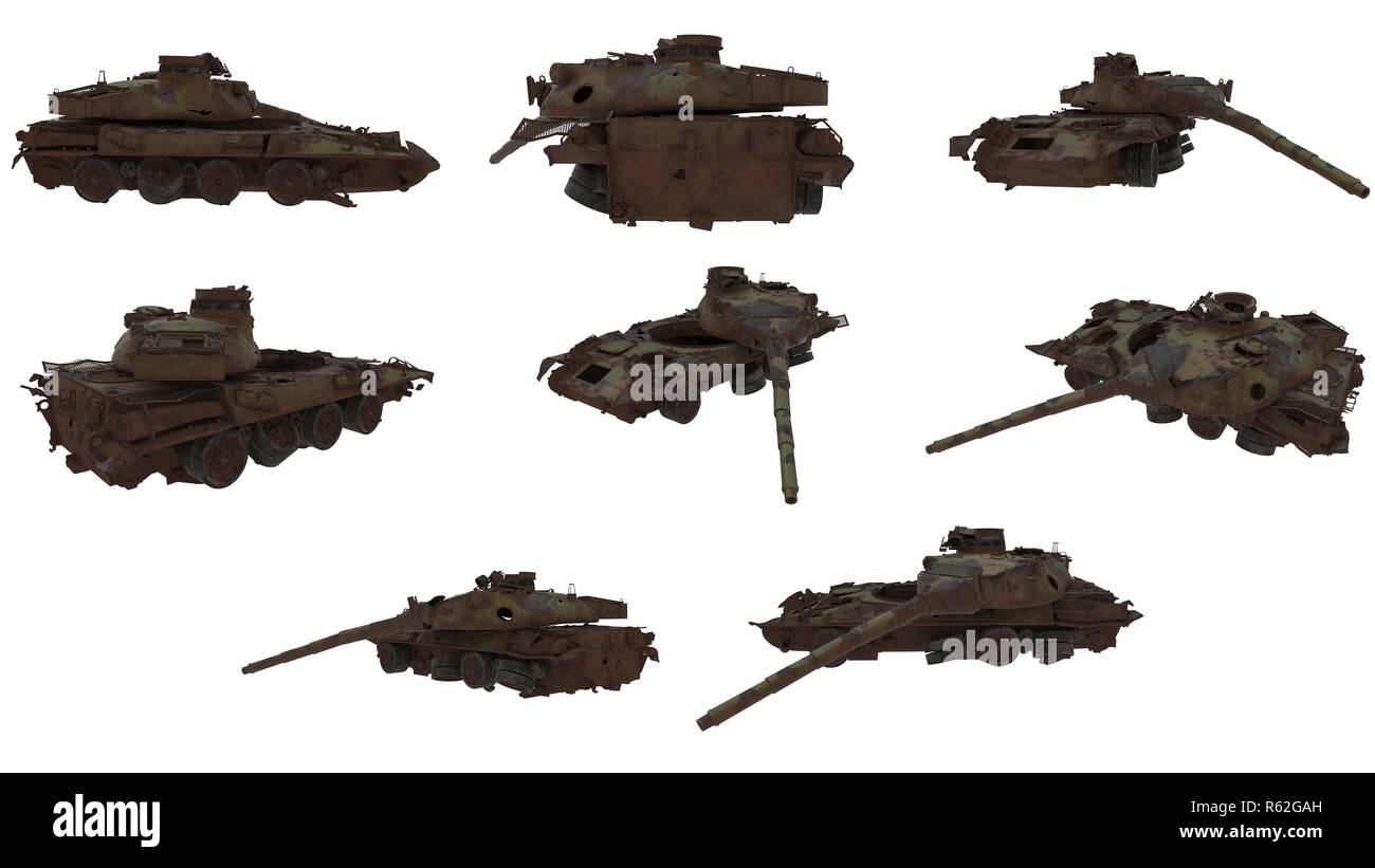 damaged rusty battle tank on an isolated white background. 3d ...