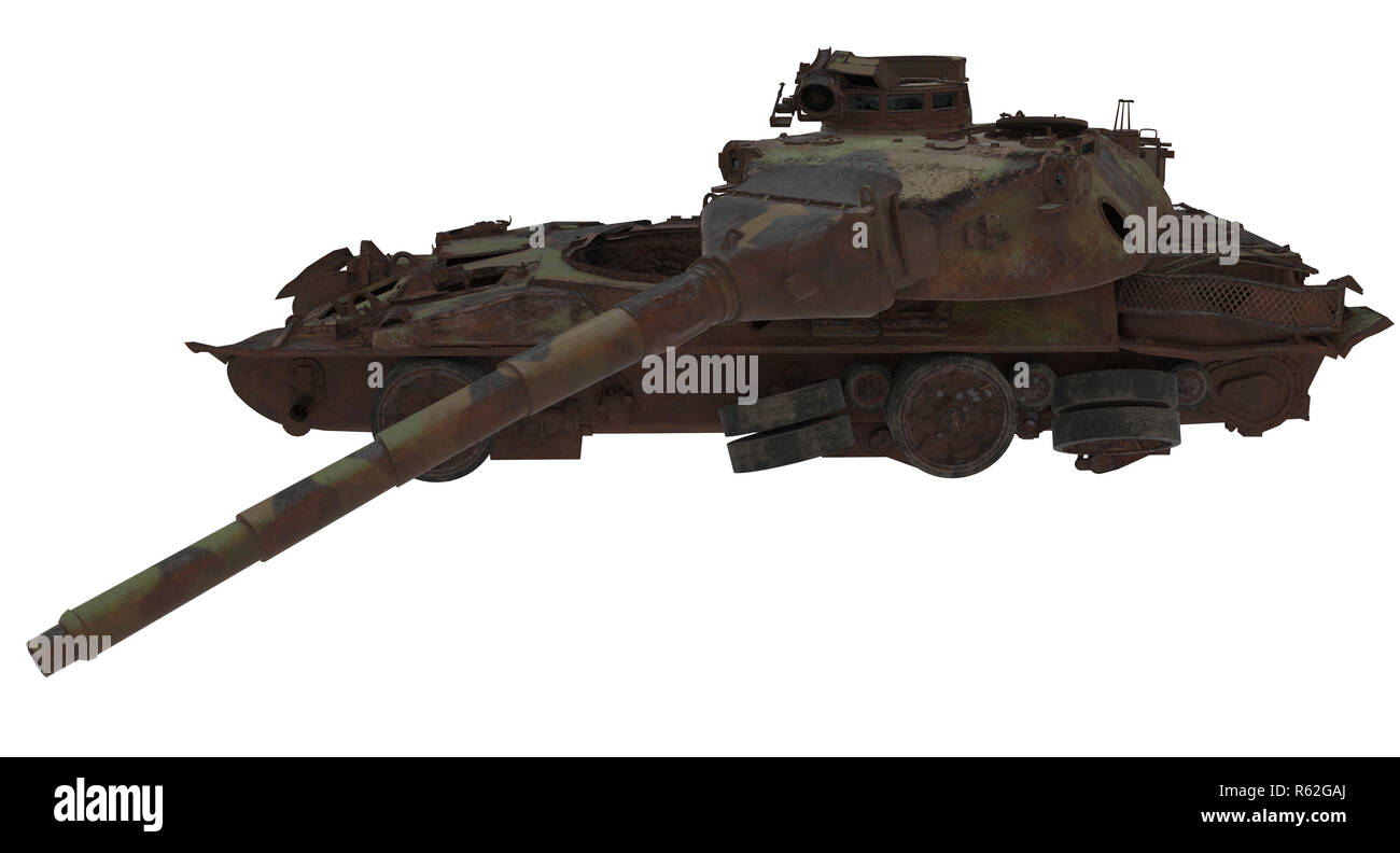 damaged rusty battle tank on an isolated white background. 3d ...
